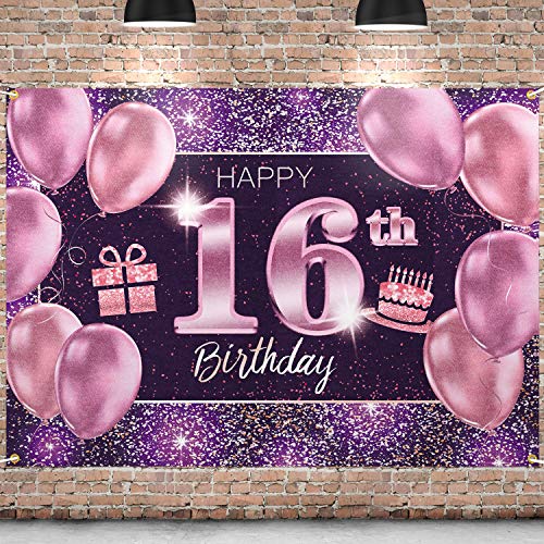 PAKBOOM Happy 16th Birthday Banner Backdrop - 16 Birthday Party Decorations Supplies for Girl - Pink Purple Gold 4 x 6ft