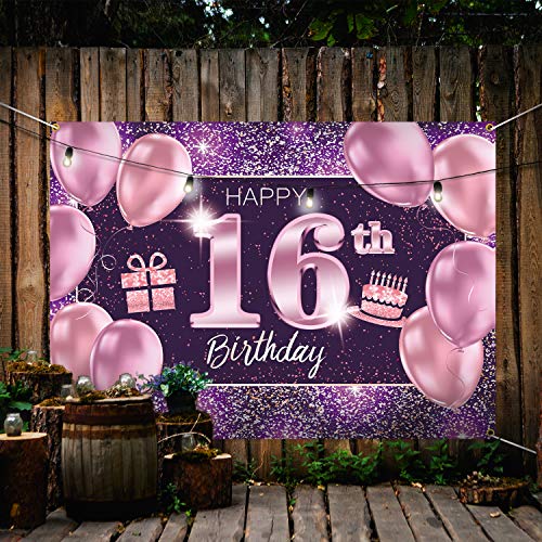 PAKBOOM Happy 16th Birthday Banner Backdrop - 16 Birthday Party Decorations Supplies for Girl - Pink Purple Gold 4 x 6ft