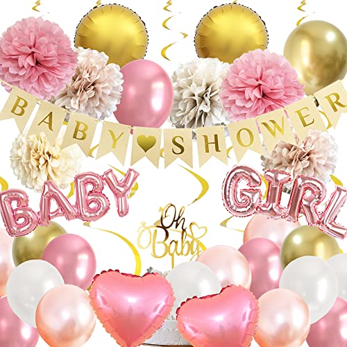 Baby Shower Decoration for Girls - Pink Rose Gold Baby Girl Shower Balloons with Rustic Banner Floral Pom Poms and Hanging Swirls Decor Kit(Gold+Pink)