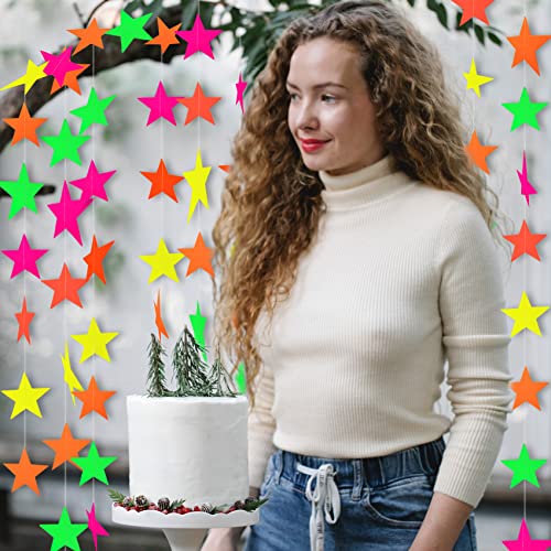 60Ft Star Neon Garland Hanging Paper Glow Party Neon Party Hanging Decoration for Birthday Wedding Neon Party Background Decoration Supplies(4Pcs)