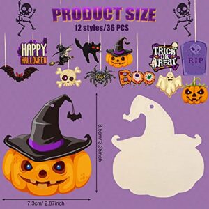 36 Pieces/12 Styles Halloween Wooden Ornaments Halloween Party Hanging Embellishments Pumpkin Bat Witch Spider Ornaments with 11 Yards Natural Rope for DIY Crafts Party Decorations