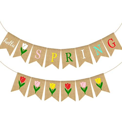 Doumeny Hello Spring Burlap Banner Colorful Spring Bunting Banner Jute Tulip Flower Bunting Garland Spring Theme Party Banner with Flower for Mantle Fireplace Wall Door Party Spring Break Celebration