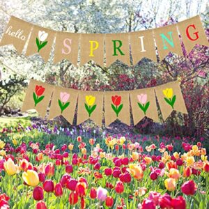 Doumeny Hello Spring Burlap Banner Colorful Spring Bunting Banner Jute Tulip Flower Bunting Garland Spring Theme Party Banner with Flower for Mantle Fireplace Wall Door Party Spring Break Celebration