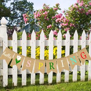 Doumeny Hello Spring Burlap Banner Colorful Spring Bunting Banner Jute Tulip Flower Bunting Garland Spring Theme Party Banner with Flower for Mantle Fireplace Wall Door Party Spring Break Celebration