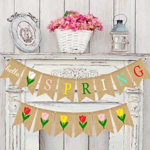 Doumeny Hello Spring Burlap Banner Colorful Spring Bunting Banner Jute Tulip Flower Bunting Garland Spring Theme Party Banner with Flower for Mantle Fireplace Wall Door Party Spring Break Celebration