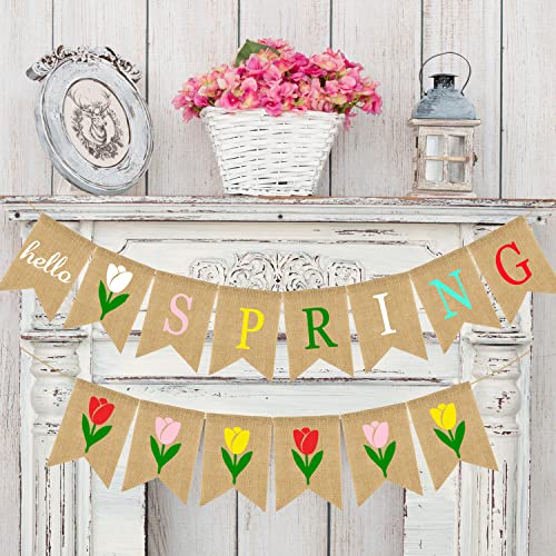 Doumeny Hello Spring Burlap Banner Colorful Spring Bunting Banner Jute Tulip Flower Bunting Garland Spring Theme Party Banner with Flower for Mantle Fireplace Wall Door Party Spring Break Celebration