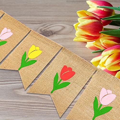 Doumeny Hello Spring Burlap Banner Colorful Spring Bunting Banner Jute Tulip Flower Bunting Garland Spring Theme Party Banner with Flower for Mantle Fireplace Wall Door Party Spring Break Celebration