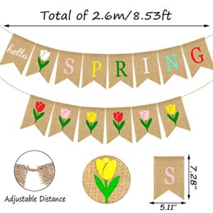 Doumeny Hello Spring Burlap Banner Colorful Spring Bunting Banner Jute Tulip Flower Bunting Garland Spring Theme Party Banner with Flower for Mantle Fireplace Wall Door Party Spring Break Celebration