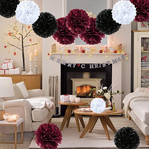 Decorations 2022 Maroon Graduation/Burgundy Black White Birthday Decorations for Women 40th/50th Birthday 12 Tissue Paper Pom Poms Maroon Burgundy Black Wedding/Bridal Shower Retirement Decorations