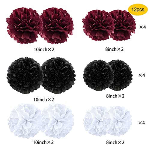 Decorations 2022 Maroon Graduation/Burgundy Black White Birthday Decorations for Women 40th/50th Birthday 12 Tissue Paper Pom Poms Maroon Burgundy Black Wedding/Bridal Shower Retirement Decorations