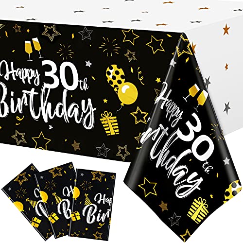 3 Pieces Happy 30th Birthday Table Cloth Covers Large Happy Birthday Tablecloths Black and Gold Birthday Party Table Covers Rectangular Plastic Tablecovers for 30th Birthday Party Decor, 54 x 108 Inch