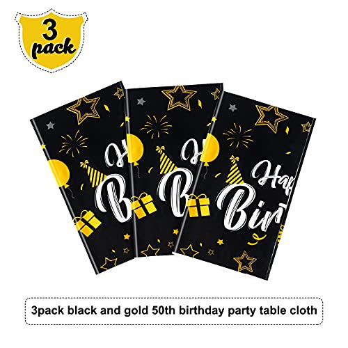 3 Pieces Happy 30th Birthday Table Cloth Covers Large Happy Birthday Tablecloths Black and Gold Birthday Party Table Covers Rectangular Plastic Tablecovers for 30th Birthday Party Decor, 54 x 108 Inch