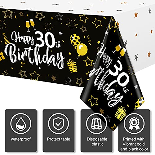 3 Pieces Happy 30th Birthday Table Cloth Covers Large Happy Birthday Tablecloths Black and Gold Birthday Party Table Covers Rectangular Plastic Tablecovers for 30th Birthday Party Decor, 54 x 108 Inch