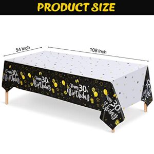 3 Pieces Happy 30th Birthday Table Cloth Covers Large Happy Birthday Tablecloths Black and Gold Birthday Party Table Covers Rectangular Plastic Tablecovers for 30th Birthday Party Decor, 54 x 108 Inch