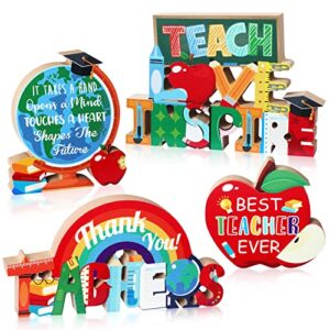 4 pcs teacher appreciation table decoration centerpieces best teacher wooden table sign thank you teachers desk decorations gifts for teacher appreciation home school classrooms desks decor (block)