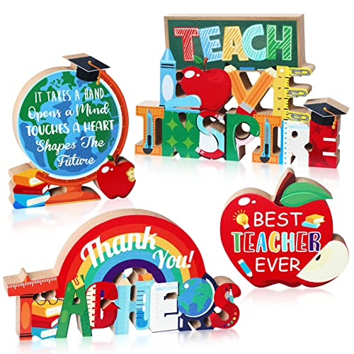 4 Pcs Teacher Appreciation Table Decoration Centerpieces Best Teacher Wooden Table Sign Thank You Teachers Desk Decorations Gifts for Teacher Appreciation Home School Classrooms Desks Decor (Block)