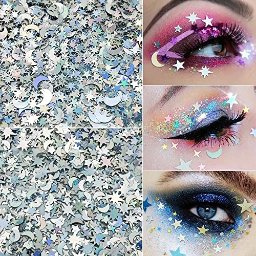 60 g/ 2.1 oz Holographic Star and Moon Table Confetti Iridescent Metallic Glitter Foil Confetti Sequin Star Moon Scatter for Halloween Birthday Wedding Festival Party DIY Decorations (3mm)