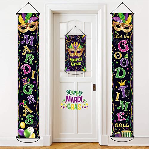 3 Pack Mardi Gras Decorations New Orleans Party Porch Sign Mardi Gras Hanging Banner Welcome Sign for Indoor Outdoor Masquerade Party Supplies