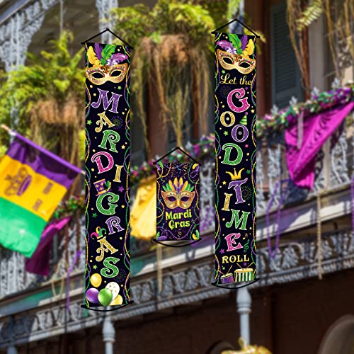 3 Pack Mardi Gras Decorations New Orleans Party Porch Sign Mardi Gras Hanging Banner Welcome Sign for Indoor Outdoor Masquerade Party Supplies