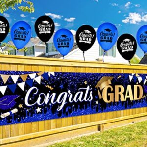 2023 Graduation Banner Decoration Set, Large Congrats Grad Banner with 8 Pieces Balloons Blue and Gold Class of 2023 Yard Sign for High School College Graduation Party Outdoor Hanging Decorations(blue)