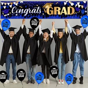 2023 Graduation Banner Decoration Set, Large Congrats Grad Banner with 8 Pieces Balloons Blue and Gold Class of 2023 Yard Sign for High School College Graduation Party Outdoor Hanging Decorations(blue)