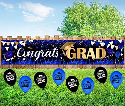 2023 Graduation Banner Decoration Set, Large Congrats Grad Banner with 8 Pieces Balloons Blue and Gold Class of 2023 Yard Sign for High School College Graduation Party Outdoor Hanging Decorations(blue)