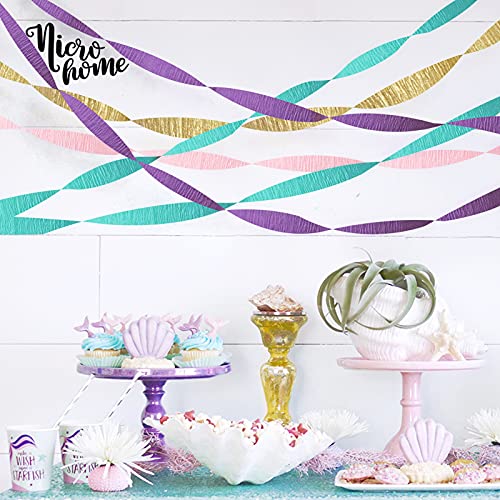 NICROHOME Mermaid Party Decorations, 12 Rolls Purple Blue Pink Crepe Paper Gold Streamers for Wedding, Baby Bridal Shower, Bachelorette Party, Birthday, Ocean Themed Party, 82Ft Long