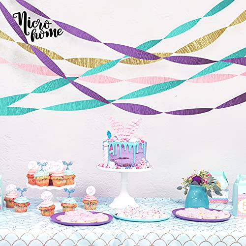 NICROHOME Mermaid Party Decorations, 12 Rolls Purple Blue Pink Crepe Paper Gold Streamers for Wedding, Baby Bridal Shower, Bachelorette Party, Birthday, Ocean Themed Party, 82Ft Long