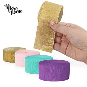 NICROHOME Mermaid Party Decorations, 12 Rolls Purple Blue Pink Crepe Paper Gold Streamers for Wedding, Baby Bridal Shower, Bachelorette Party, Birthday, Ocean Themed Party, 82Ft Long