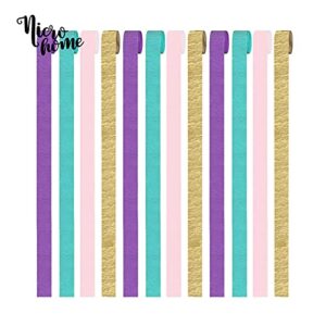 NICROHOME Mermaid Party Decorations, 12 Rolls Purple Blue Pink Crepe Paper Gold Streamers for Wedding, Baby Bridal Shower, Bachelorette Party, Birthday, Ocean Themed Party, 82Ft Long