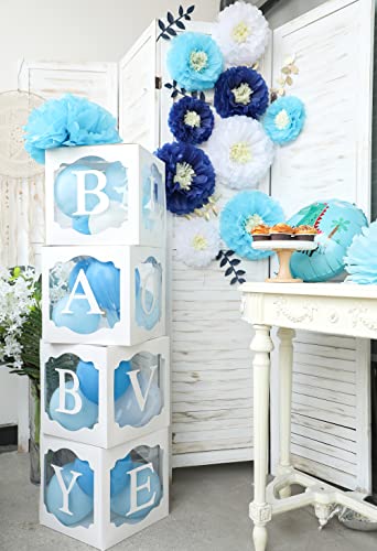 Fonder Mols Navy Blue White Tissue Paper Flowers Decorations for Wall Backdrop, Fishing Nautical Ocean Boy Themed Baby Shower Birthday Bridal Shower Decor (Pack of 17)