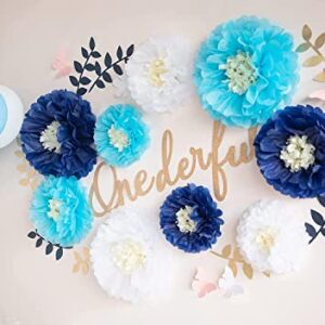 Fonder Mols Navy Blue White Tissue Paper Flowers Decorations for Wall Backdrop, Fishing Nautical Ocean Boy Themed Baby Shower Birthday Bridal Shower Decor (Pack of 17)