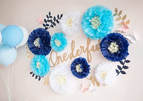 Fonder Mols Navy Blue White Tissue Paper Flowers Decorations for Wall Backdrop, Fishing Nautical Ocean Boy Themed Baby Shower Birthday Bridal Shower Decor (Pack of 17)