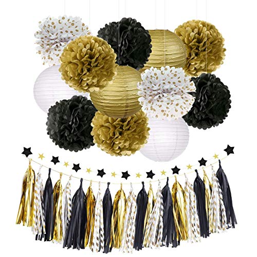 NICROLANDEE Black and Gold Party Decorations - 28Pcs Black Gold Tissue Paper Pom Poms Flowers Hanging Paper Lanterns Star Garland Tassel for Wedding, Birthday, Prom Night, New Years Decorations