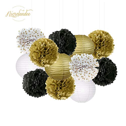 NICROLANDEE Black and Gold Party Decorations - 28Pcs Black Gold Tissue Paper Pom Poms Flowers Hanging Paper Lanterns Star Garland Tassel for Wedding, Birthday, Prom Night, New Years Decorations