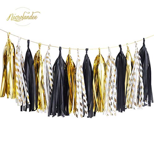 NICROLANDEE Black and Gold Party Decorations - 28Pcs Black Gold Tissue Paper Pom Poms Flowers Hanging Paper Lanterns Star Garland Tassel for Wedding, Birthday, Prom Night, New Years Decorations