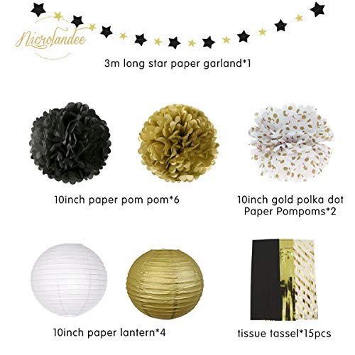 NICROLANDEE Black and Gold Party Decorations - 28Pcs Black Gold Tissue Paper Pom Poms Flowers Hanging Paper Lanterns Star Garland Tassel for Wedding, Birthday, Prom Night, New Years Decorations