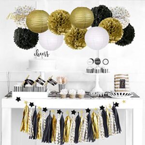 NICROLANDEE Black and Gold Party Decorations - 28Pcs Black Gold Tissue Paper Pom Poms Flowers Hanging Paper Lanterns Star Garland Tassel for Wedding, Birthday, Prom Night, New Years Decorations