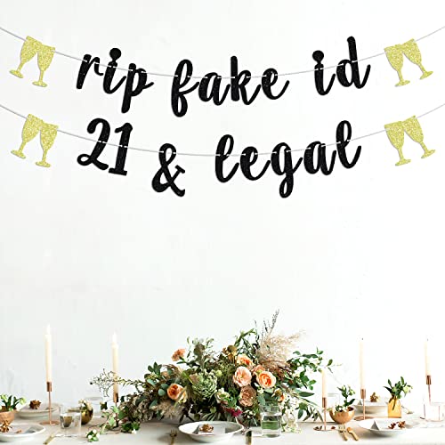 Rip Fake ID, 21& Legal Banner - Bunting Backdrops for Cheers to 21 Years - Funny Decorations for Happy 21st Birthday Party Supplies/Favors