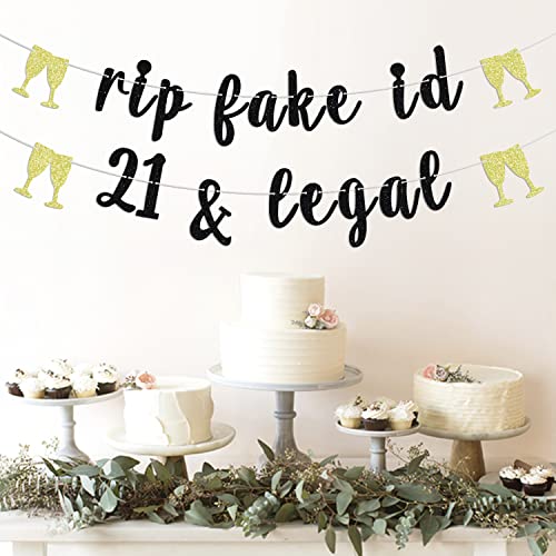 Rip Fake ID, 21& Legal Banner - Bunting Backdrops for Cheers to 21 Years - Funny Decorations for Happy 21st Birthday Party Supplies/Favors