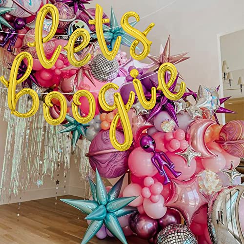 Gold Lets Boogie Balloons Banner,16 Inch Lowercase Gold Foil Helium Sign for 1980s Back to 70's 80's 90's Disco Themed Disco Fever Party or Birthday Party Supply