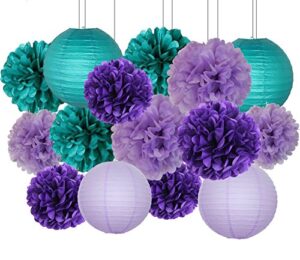 furuix mermaid party decorations /under the sea party 16pcs teal lavender purple tissue paper pom pom paper lanterns for birthday decor mermaid baby shower decorations mermaid party supplies