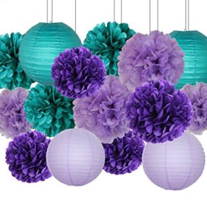 Furuix Mermaid Party Decorations /Under The Sea Party 16pcs Teal Lavender Purple Tissue Paper Pom Pom Paper Lanterns for Birthday Decor Mermaid Baby Shower Decorations Mermaid Party Supplies