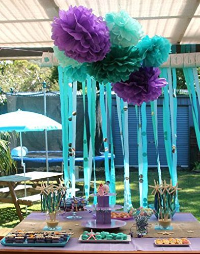 Furuix Mermaid Party Decorations /Under The Sea Party 16pcs Teal Lavender Purple Tissue Paper Pom Pom Paper Lanterns for Birthday Decor Mermaid Baby Shower Decorations Mermaid Party Supplies