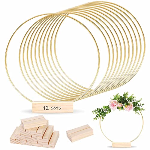 12Pcs 12 Inch Metal Floral Hoop Centerpiece with Stand for Table,Metal Macrame Gold Wreath Ring with 12Pcs Holders Stands,Centerpiece Table Decorations for DIY Wedding Decor and Wall Hanging Crafts