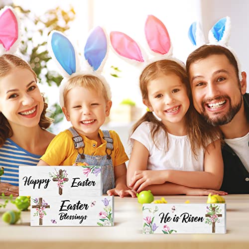 3 Pcs He is Risen Easter Blessings Happy Easter Table Wooden Sign Easter Tiered Tray Decor Religious Easter Tabletop Decorations Flower Cross Sign for Farmhouse Home Spring Easter Decor