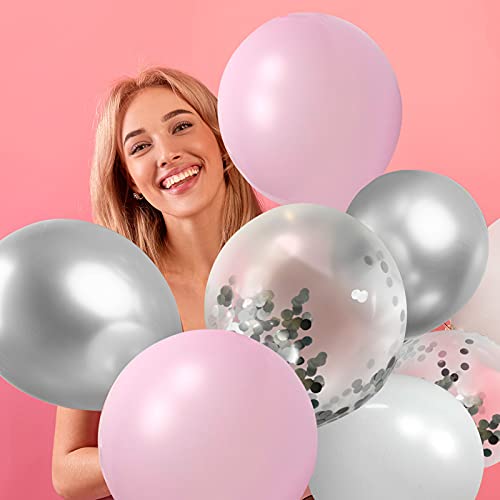 Pink and Silver Balloon Garland Arch Kit, 120 Pieces White Light Pink Silver Confetti Latex Balloons Arch for Christmas Birthday Baby Shower Wedding Proposal Engagement Party Decorations