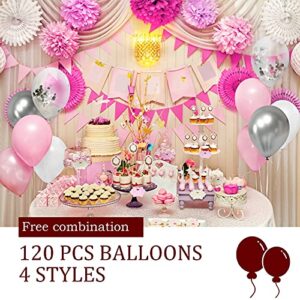 Pink and Silver Balloon Garland Arch Kit, 120 Pieces White Light Pink Silver Confetti Latex Balloons Arch for Christmas Birthday Baby Shower Wedding Proposal Engagement Party Decorations