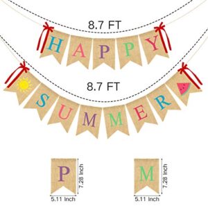 2Pack Happy Summer Burlap Banner Rustic Garland Decorations with Sun and Watermelon, Pool Beach Barbecue Hawaiian Party Decor Supplies