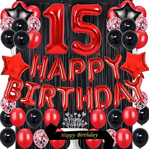 Fancypartyshop 15TH Birthday Party Decorations Supplies Red Black Later Balloons Happy Birthday Cake Topper Sash Foil Black Curtains Foil Star Balloons Number Red 15